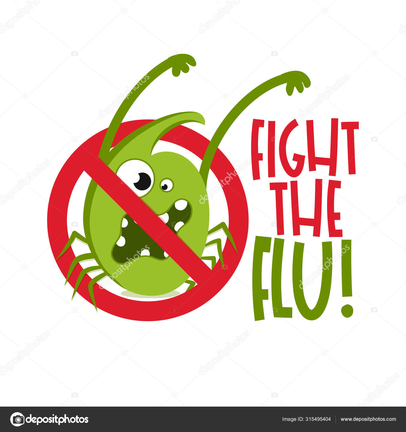 Fight Flu Hand Drawn Cute Bacterium Awareness Lettering Phrase Brush ...