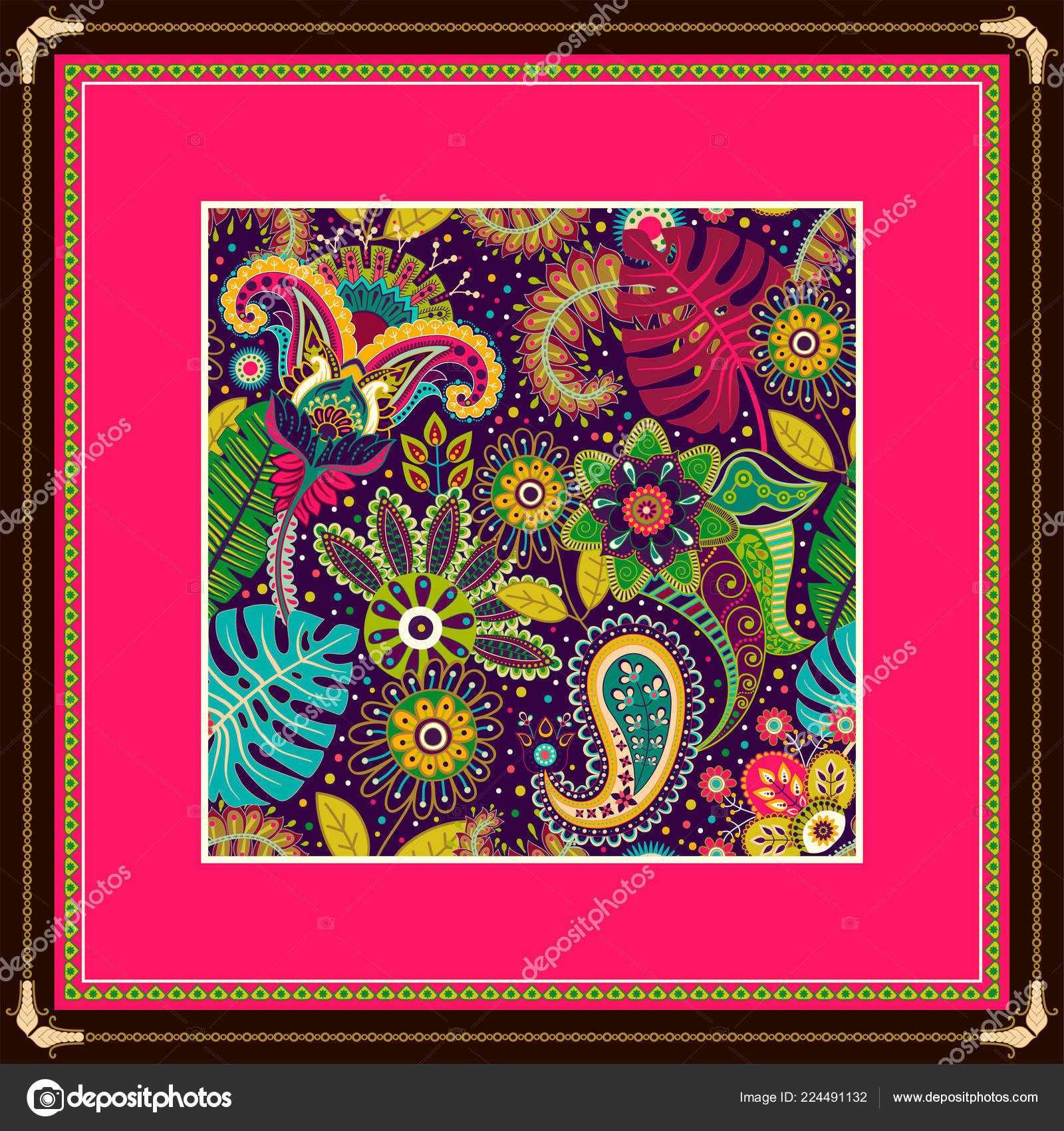 Vector decorative frame with pattern. Color print in frame. For shawl ...