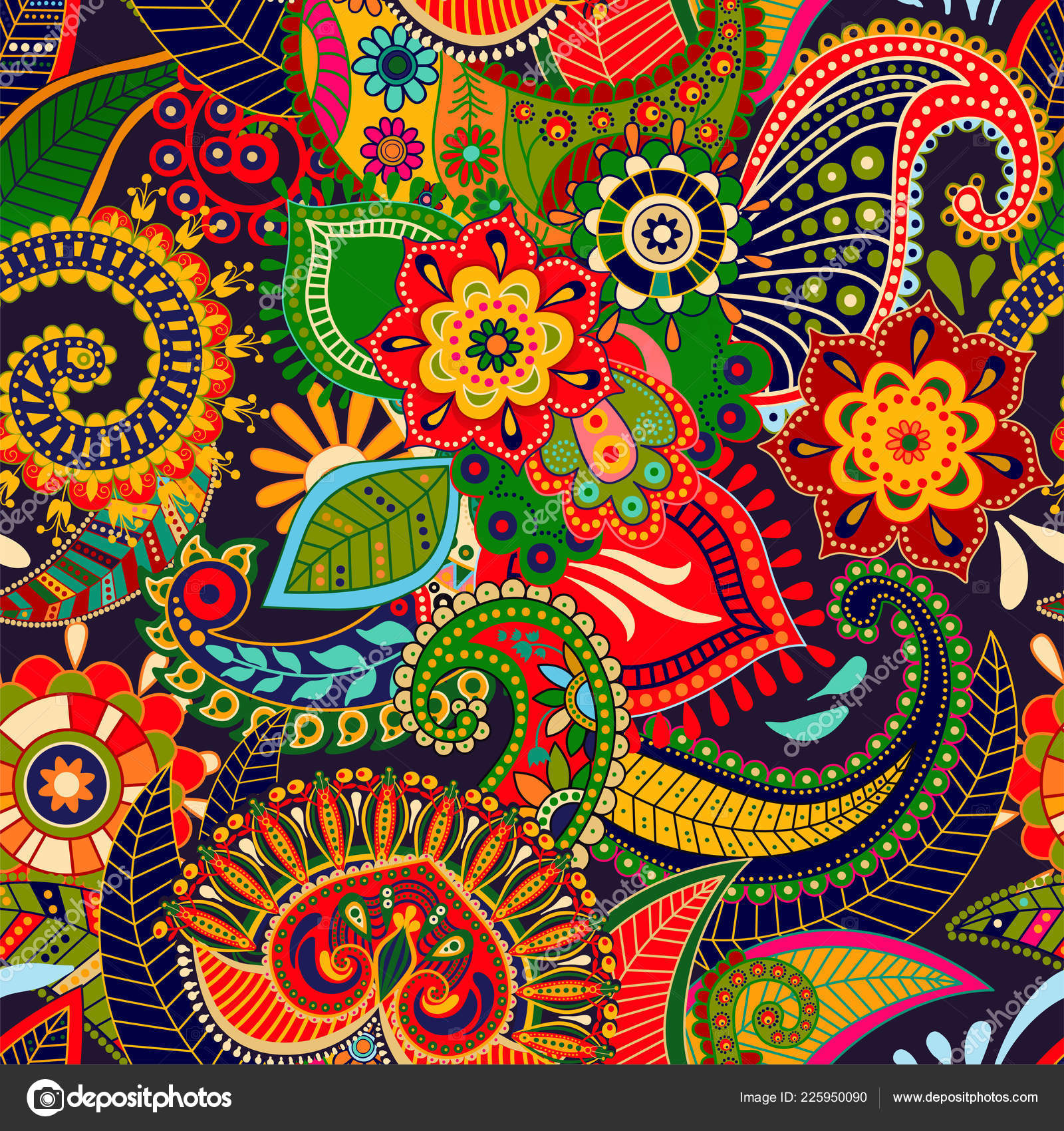 Vector Seamless Pattern Indian Floral Ornament Colorful Decorative