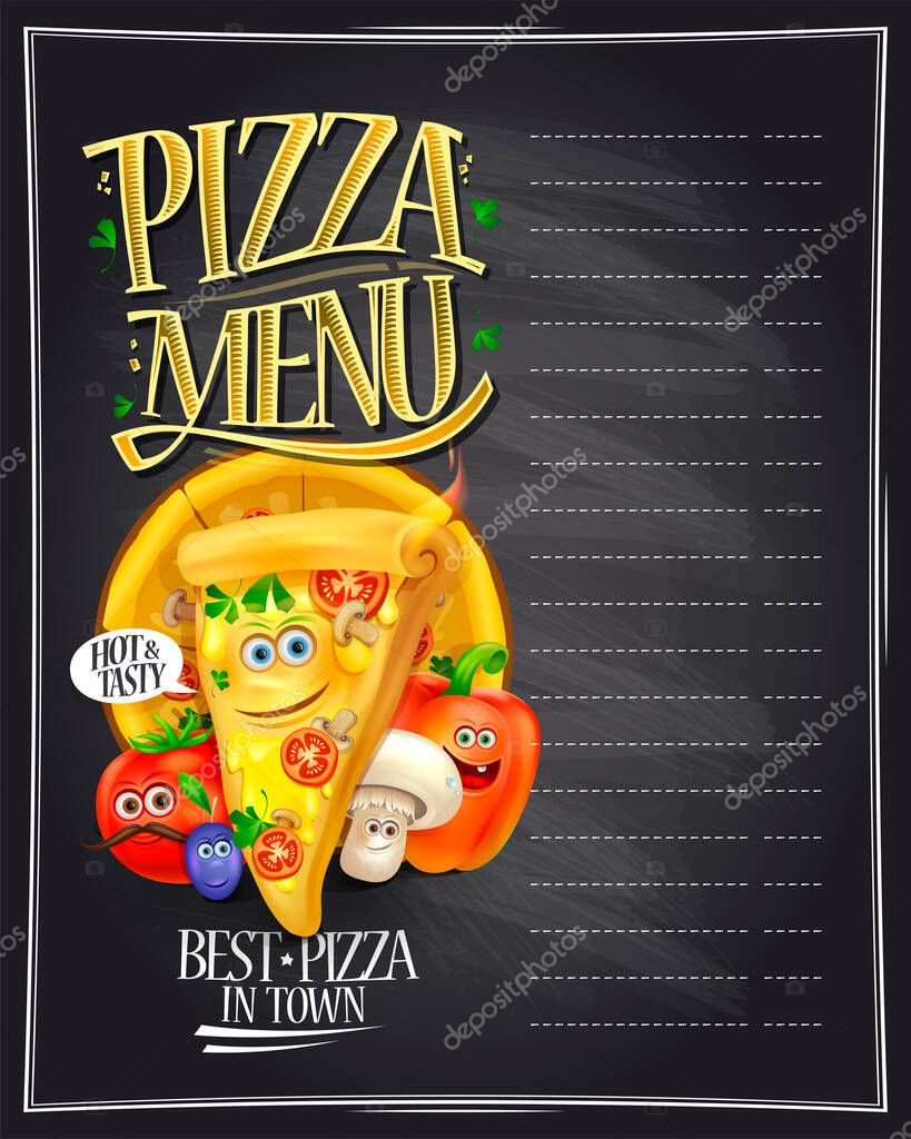 Pantalla de menú de pizza en una pizarra con personajes de dibujos ...