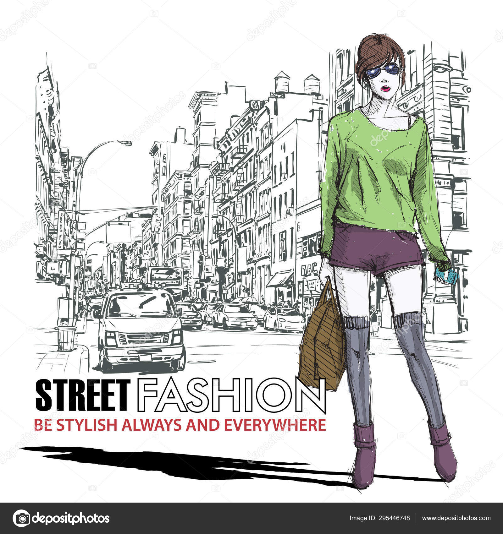 Cute young fashion girl on a street background.Vector illustrati Stock ...