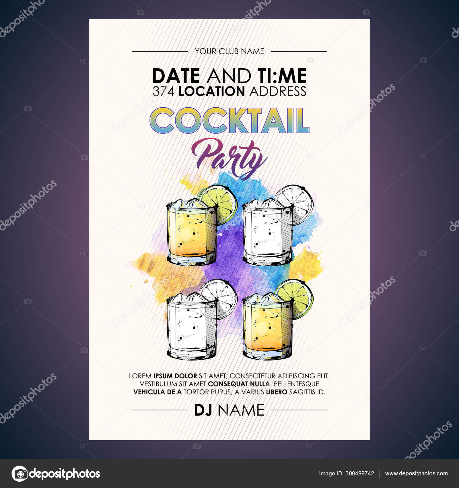 Folleto de fiesta de cóctel. Acuarela + bosquejo . Vector de stock ...