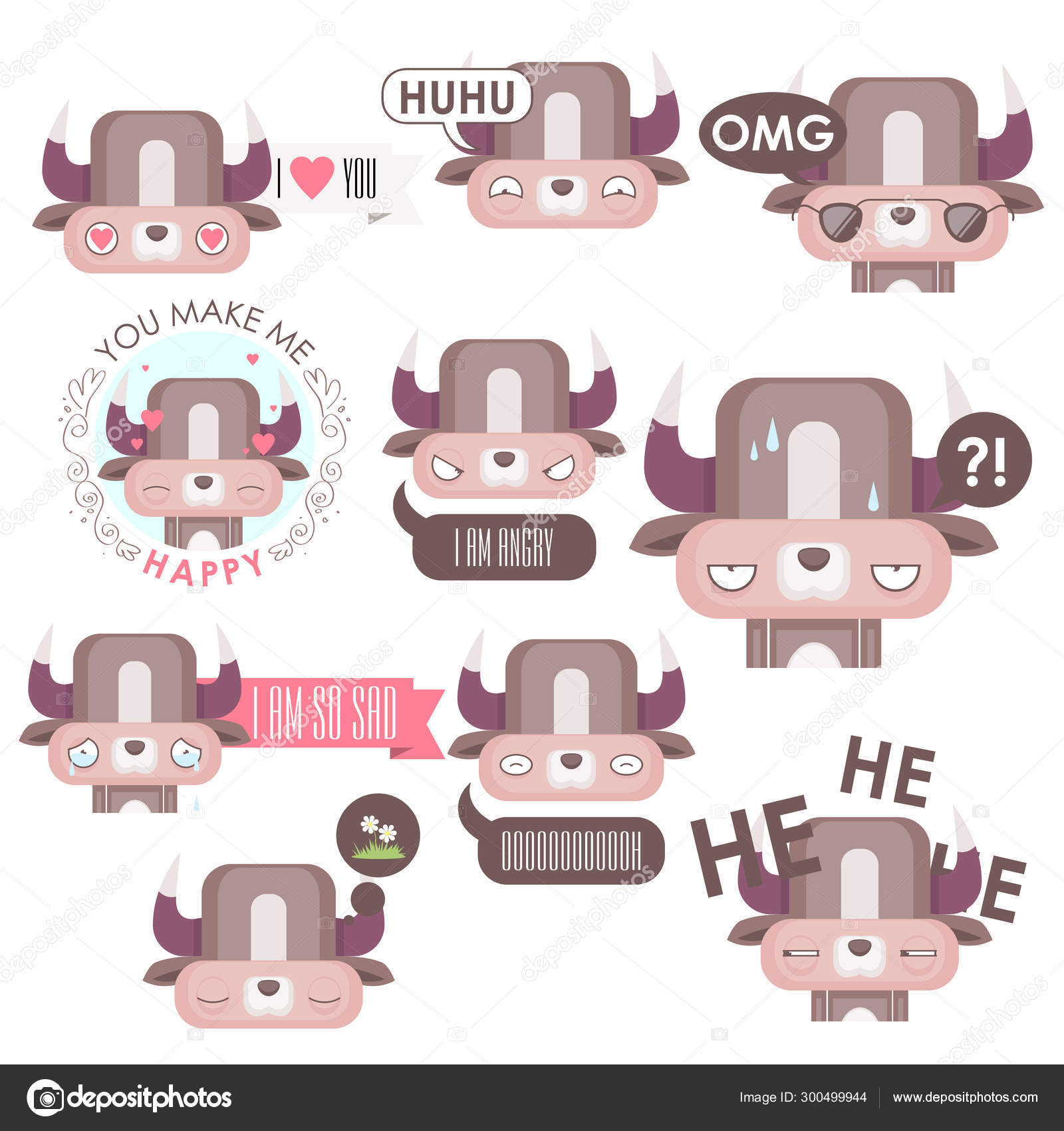 Conjunto vectorial de emoticonos de toro. Recogida de animales . Vector ...