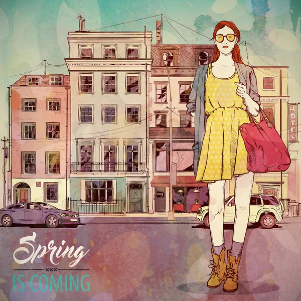 Spring is coming. Fashion illustration. Pretty girl on a city ba Stock ...