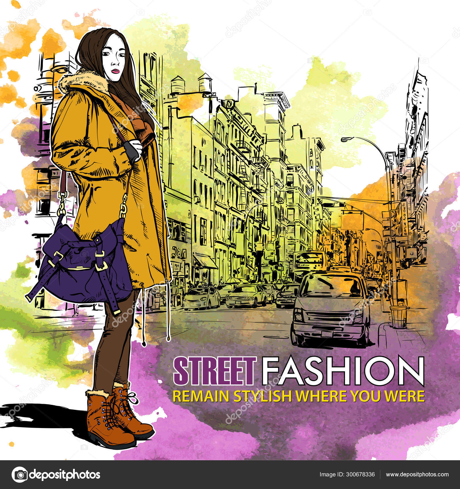 Hand drawn watercolor background with illustration of a pretty g Stock ...