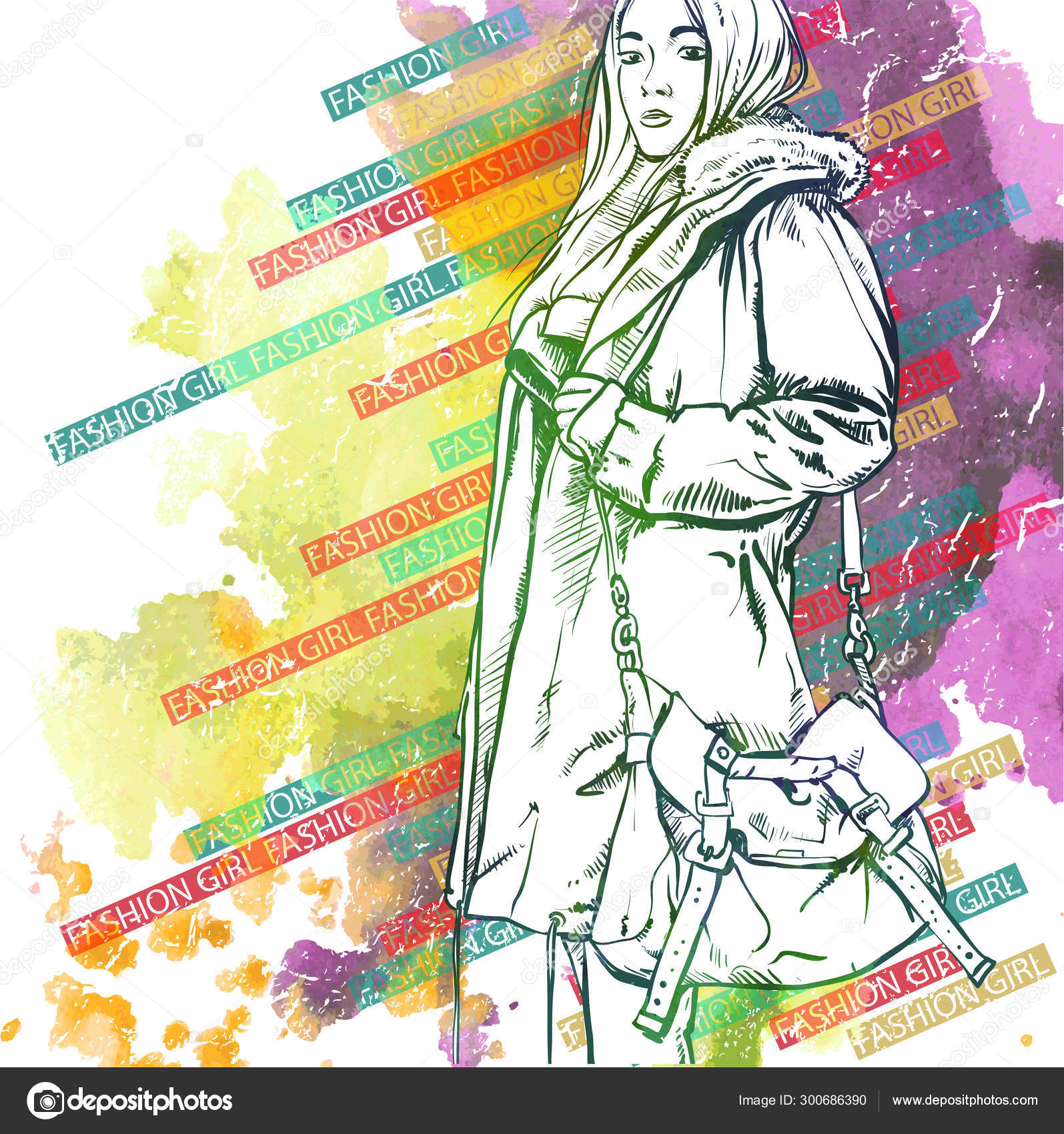 Hand drawn watercolor background with illustration of a pretty g Stock ...