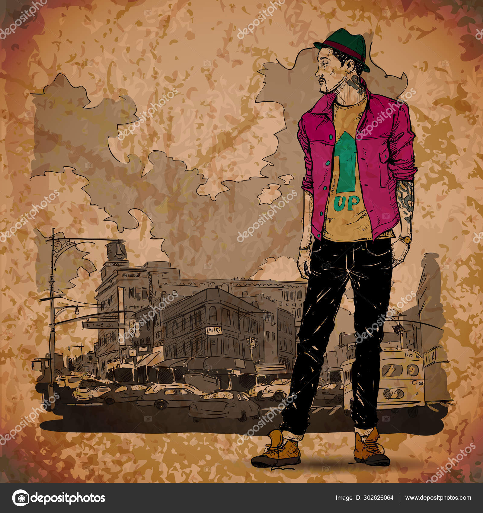 Hand drawn background with illustration of a stylish guy in sket Stock ...