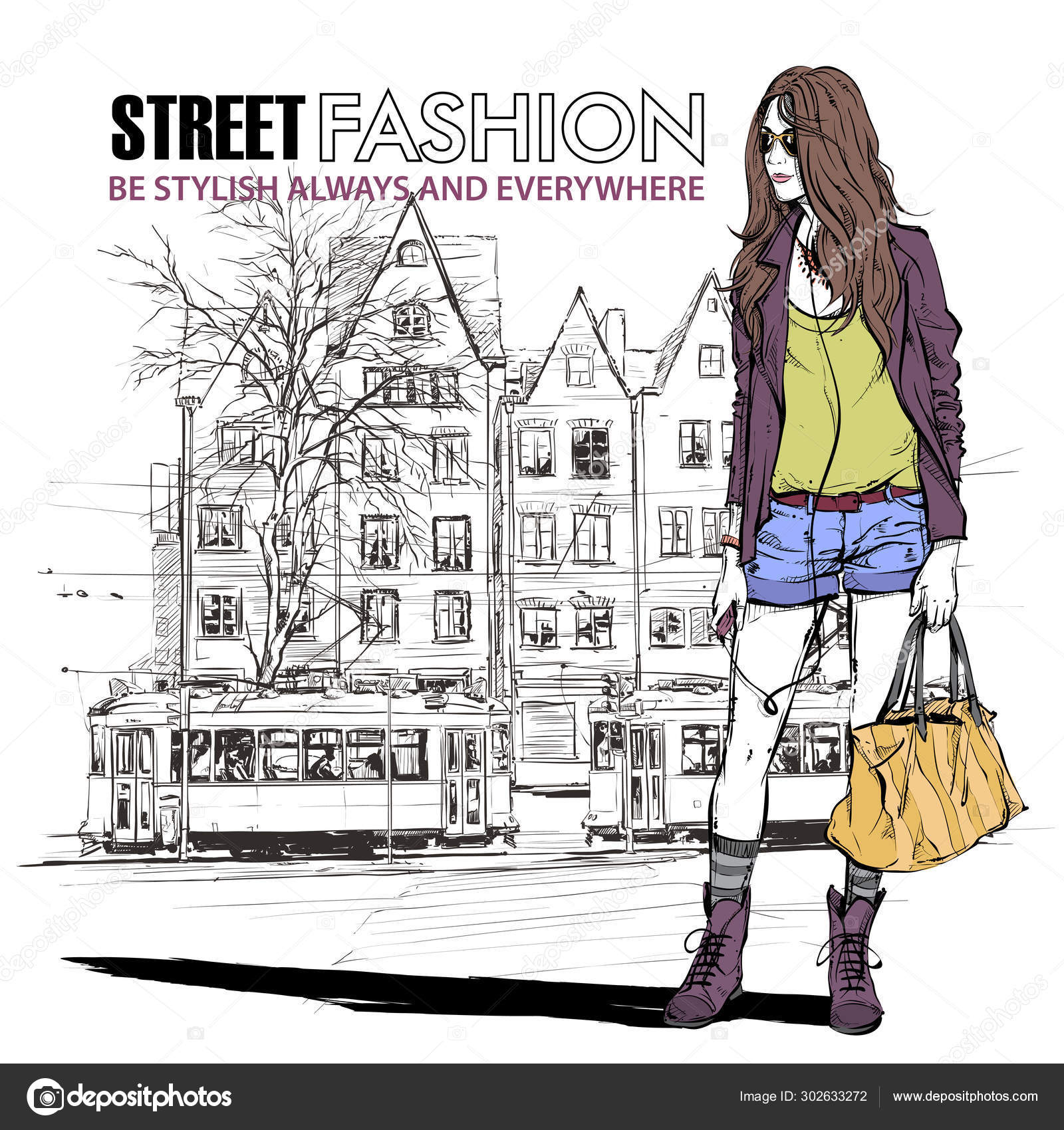 Hand drawn background with illustration of a pretty girl in sket Stock ...