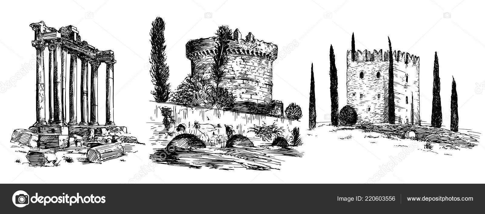 Set Romantic Italian Castles Monuments Hand Drawn Set Stock Vector ...