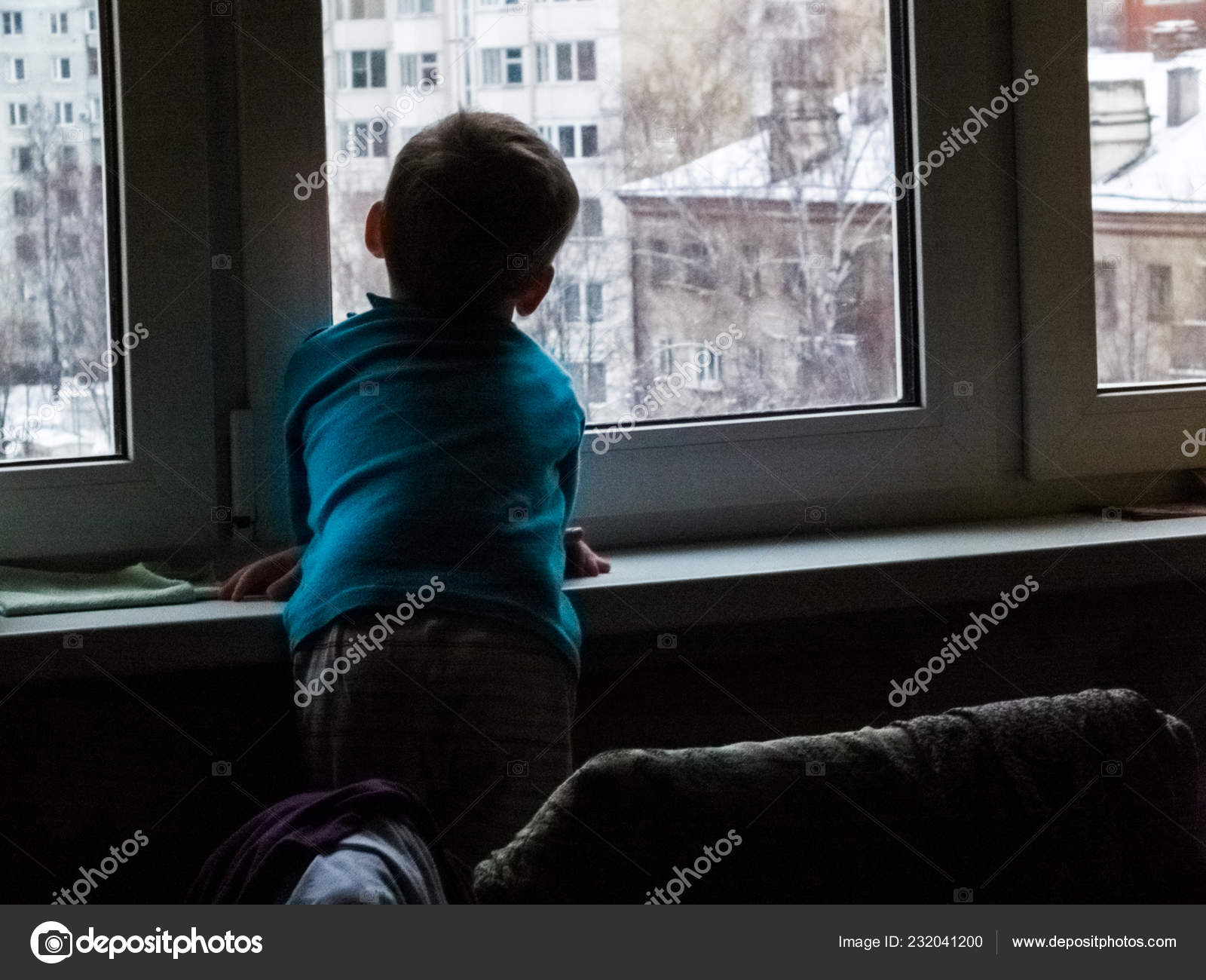 Little Boy Looks Out Window Waiting Spring Something Snowing Cold ...