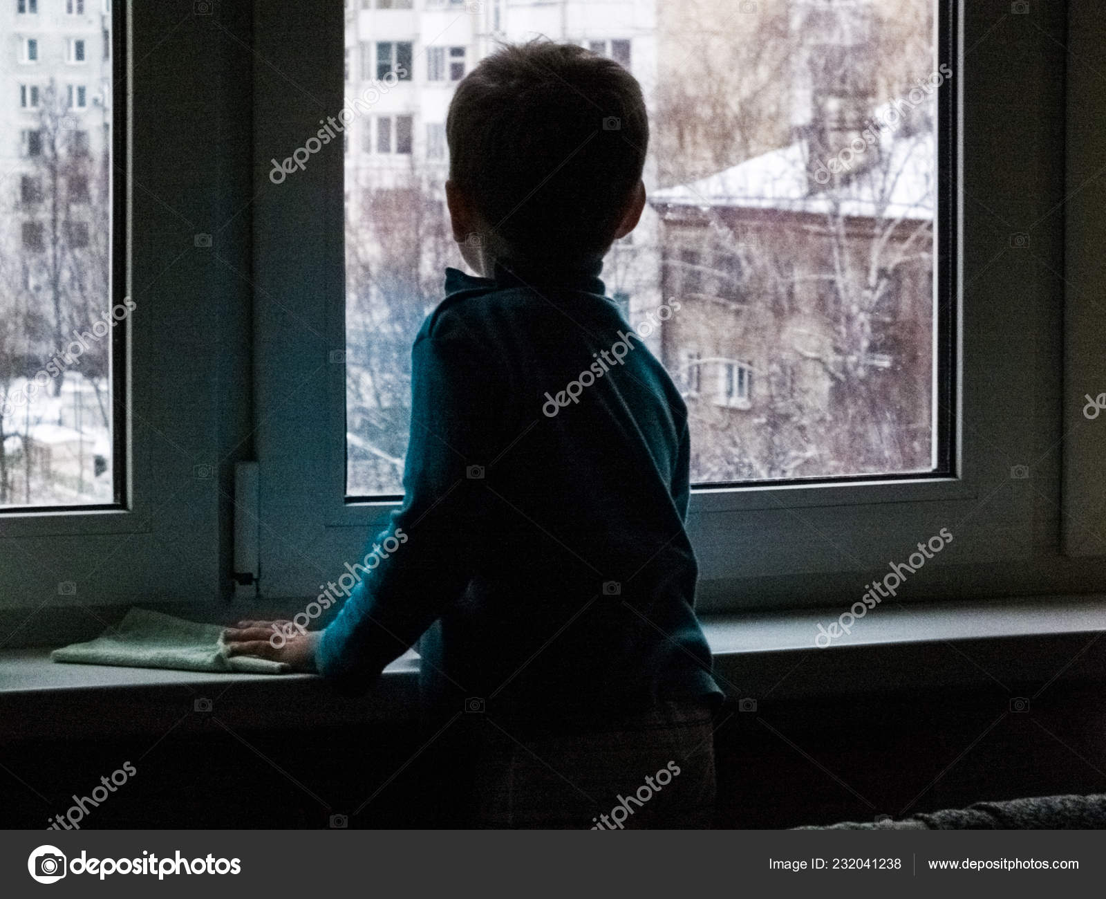 Little Boy Looks Out Window Waiting Spring Something Snowing Cold ...
