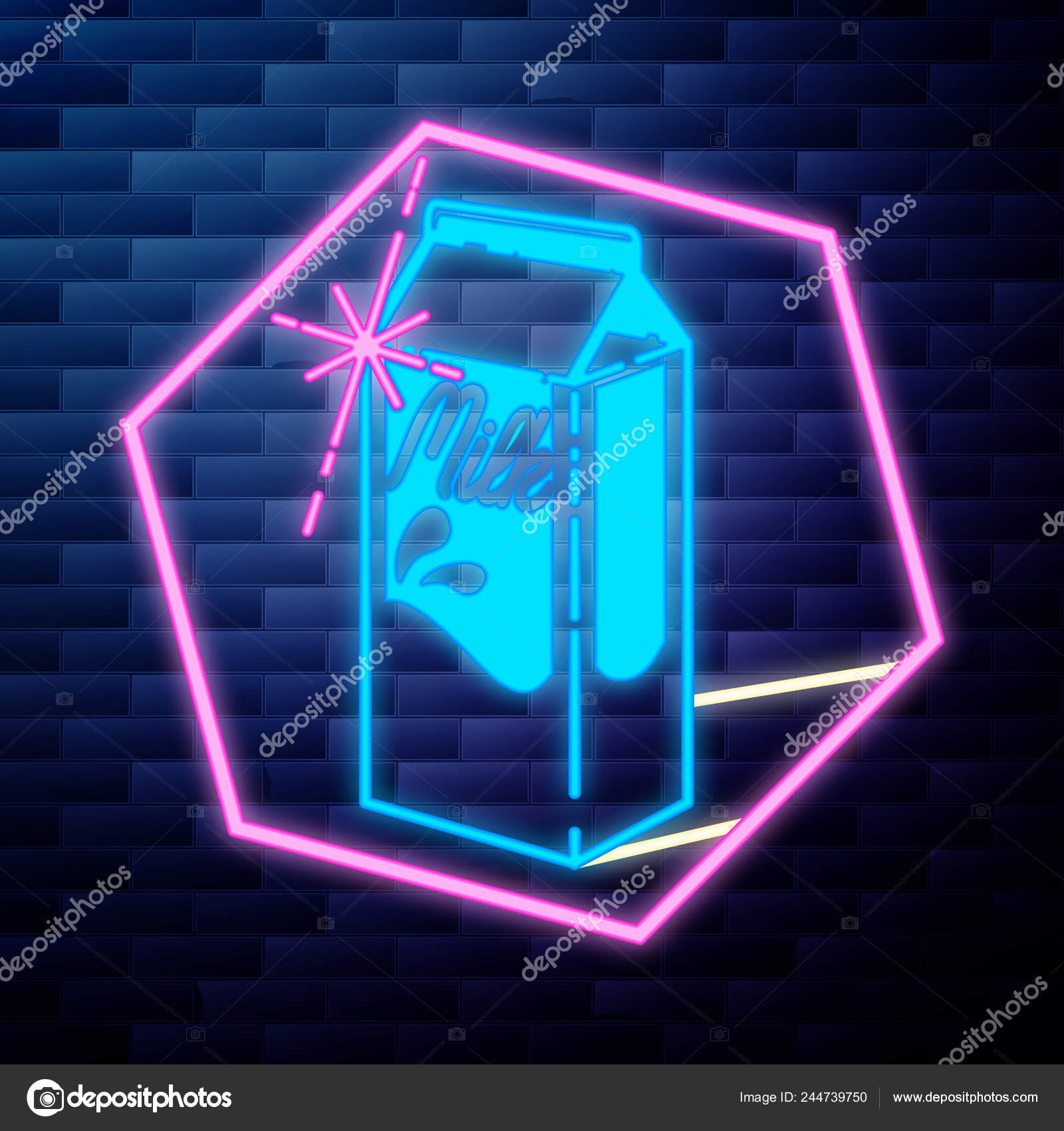 Vintage Milk Emblem Glowing Neon Sign Brick Wall Background Stock ...