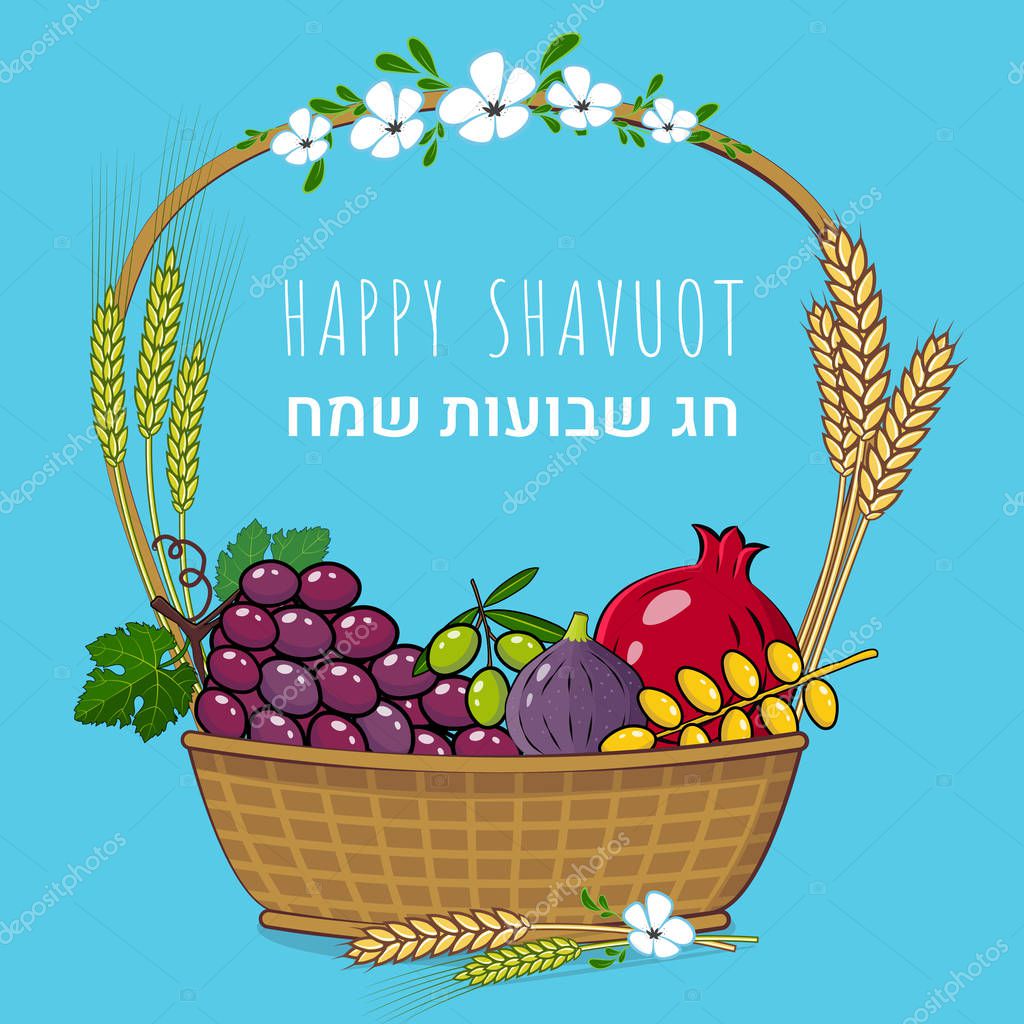 Shavuot concepto de fiesta judía con cesta de frutas ilustración ...