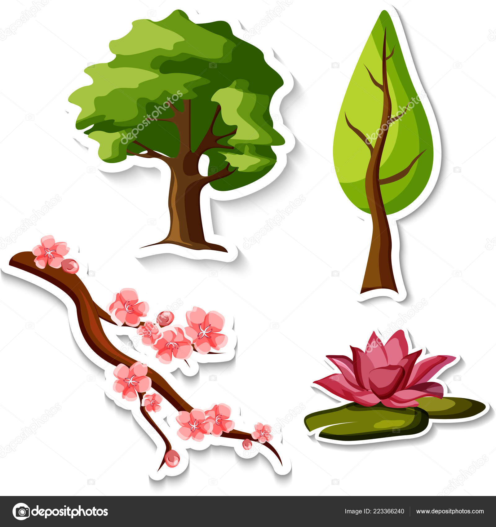 Trees and flowers stickers isolated on white. Stock Vector by ...