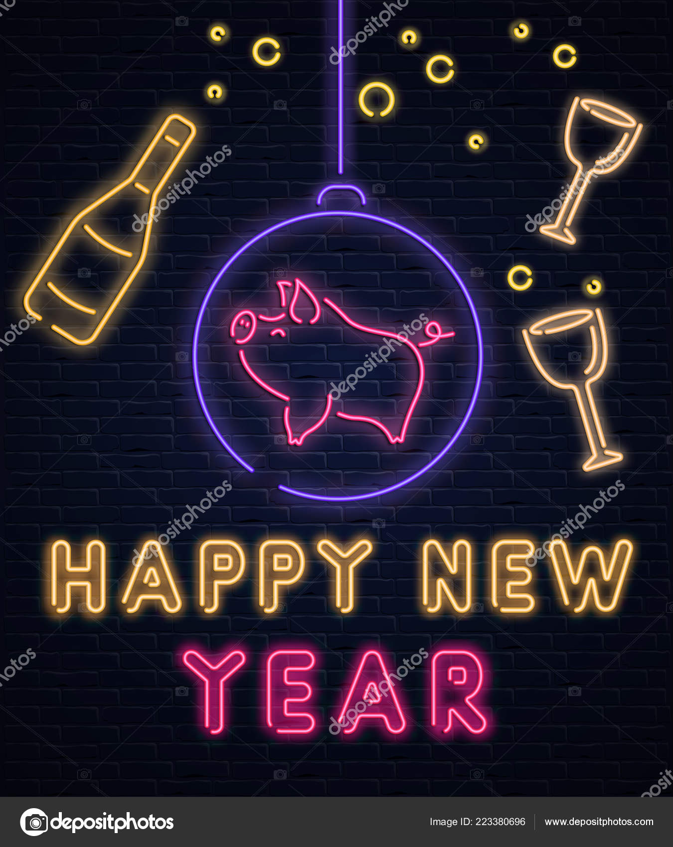 Happy New Year 2019 neon luminous card with pig, bottle of champ Stock ...