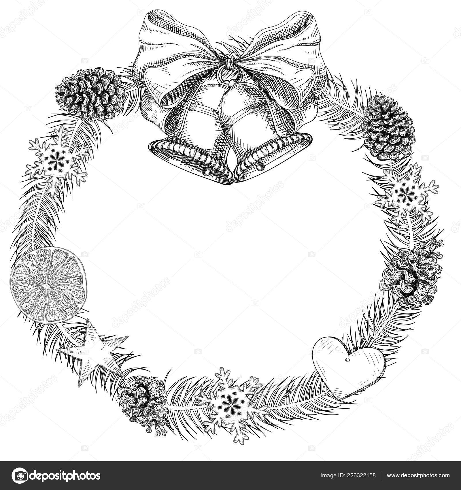 Hand-drawn Christmas wreath sketch with bells on white. Stock Vector ...