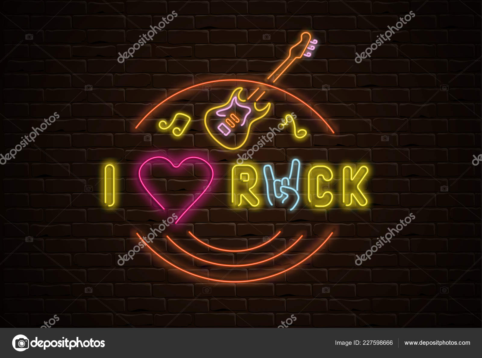 I love rock colorful signboard on black realistic bricklaying wa Stock ...