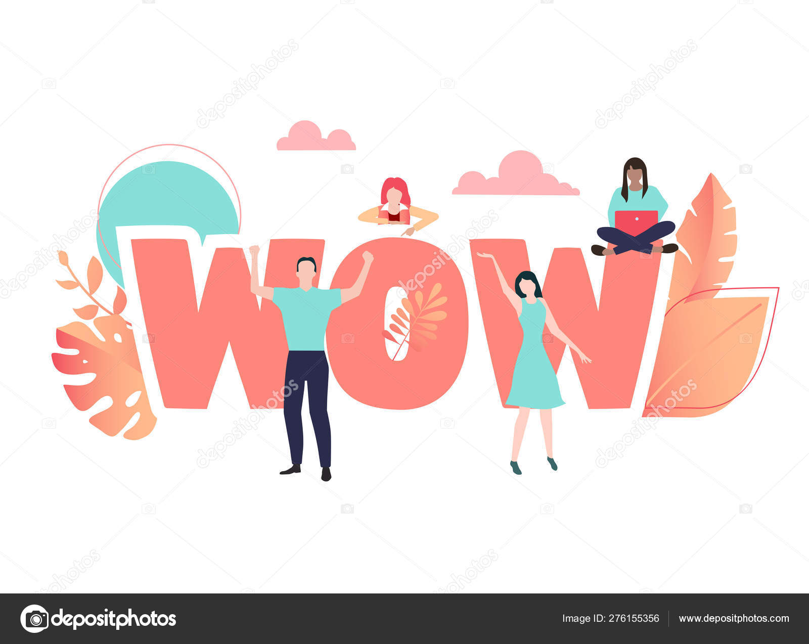 Coral wow sign or poster with people on white background. Stock Vector ...
