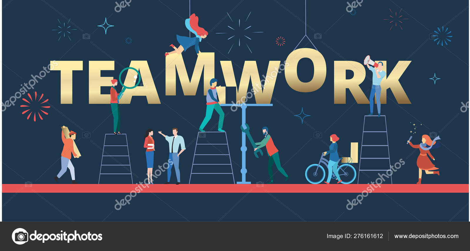 Teamwork blue banner. People working on project together and cre Stock ...