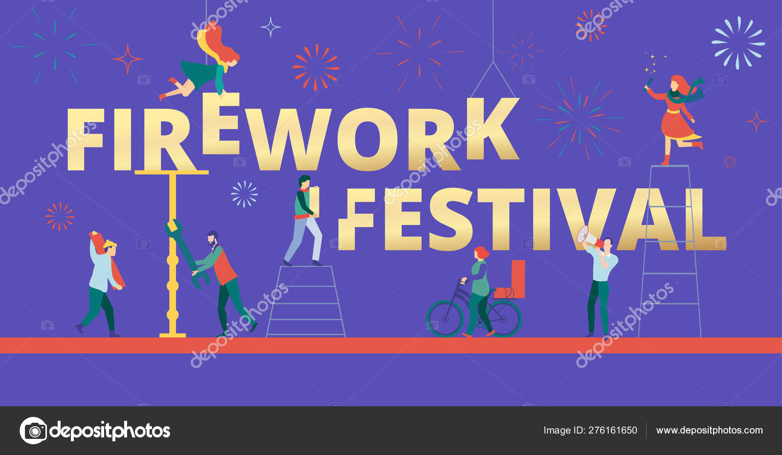 Purple poster with happy people organizing firework festival. Stock ...