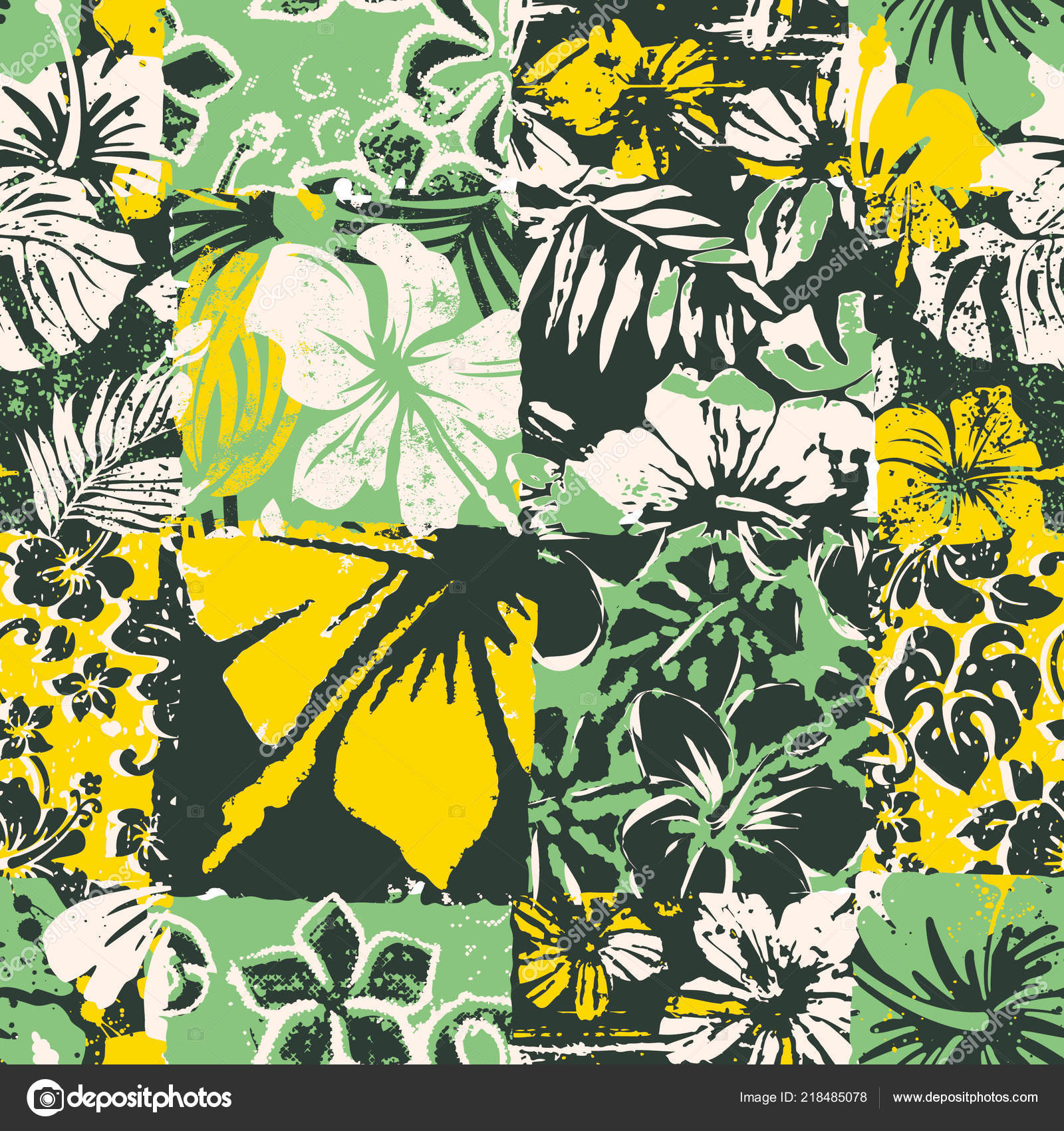 Hibiscus Flowers Fabric Patchwork Wallpaper Grunge Abstract Vector ...