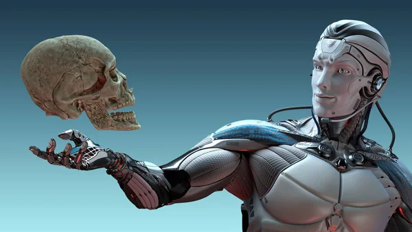 Robot and human skull artificial intelligence concept, 3d render ...