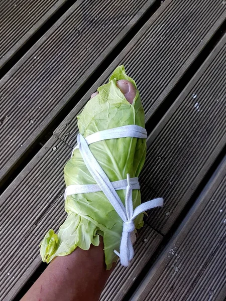 Patas envueltas con hojas de repollo blanco.Las hojas de repollo pueden ...