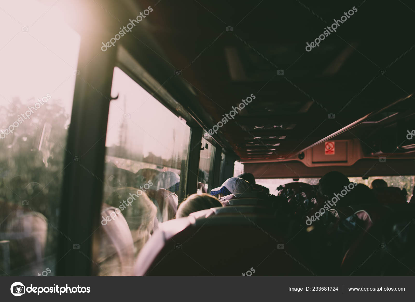 Shady Bus Interior Windows Covered Afternoon Sunlight Reflecting Red ...