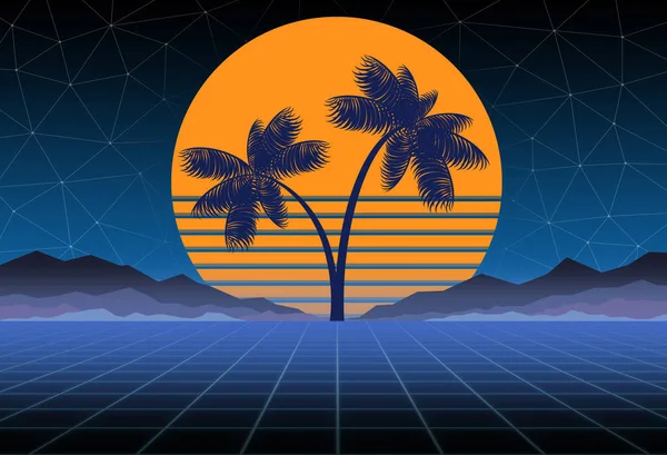 Synthwave Retrowave Background Template Palms Sun Space Computer Game Retro Stock Photo by ...