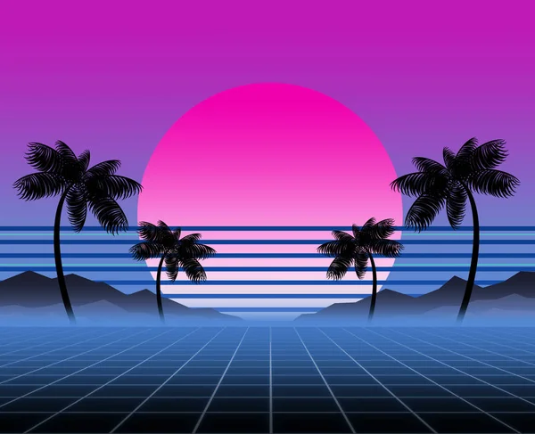 Synthwave Retrowave Background Template Palms Sun Space Computer Game Retro Stock Photo by ...