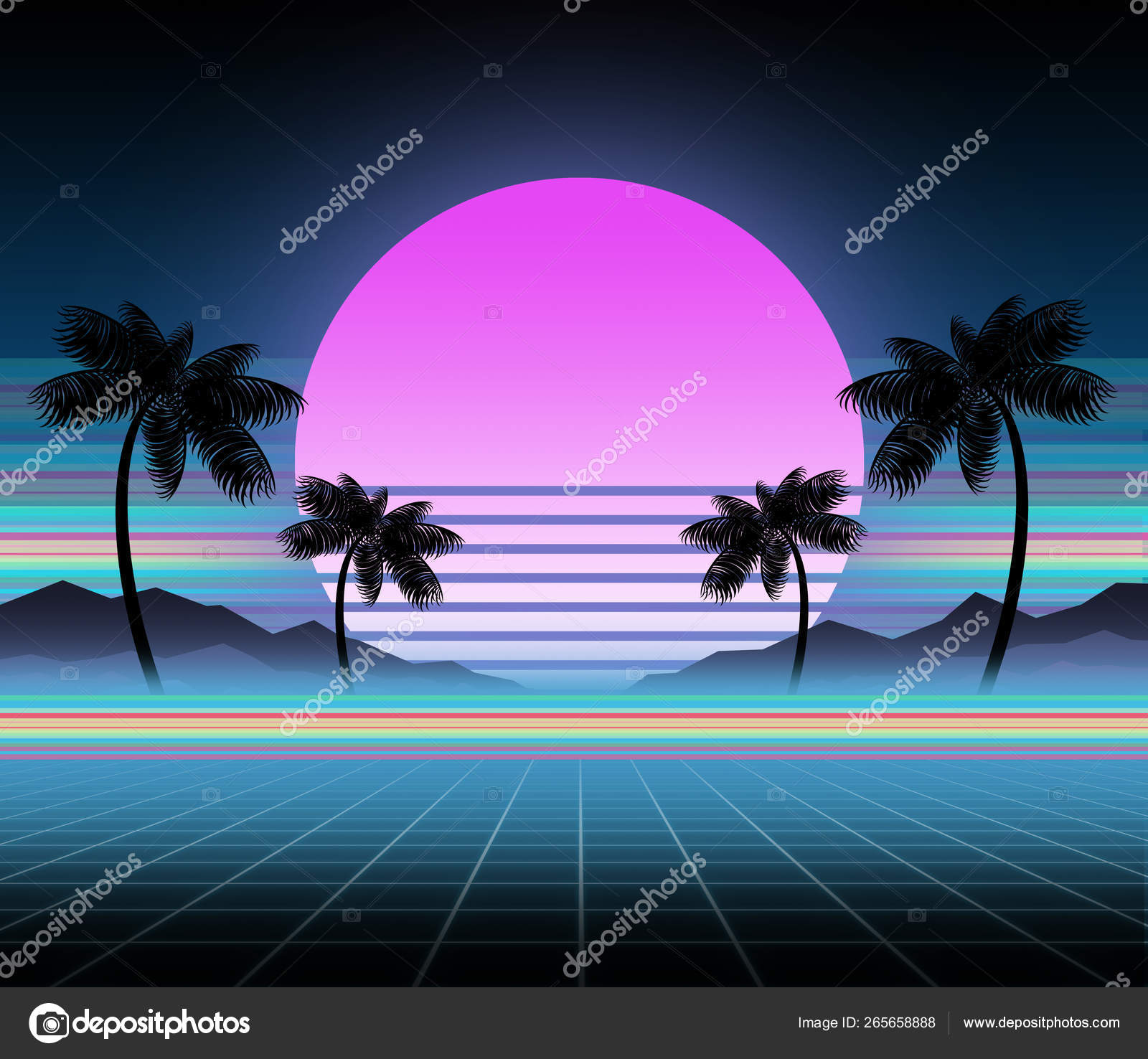 Synthwave Retrowave Background Template Palms Sun Space Computer Game Retro Stock Photo by ...