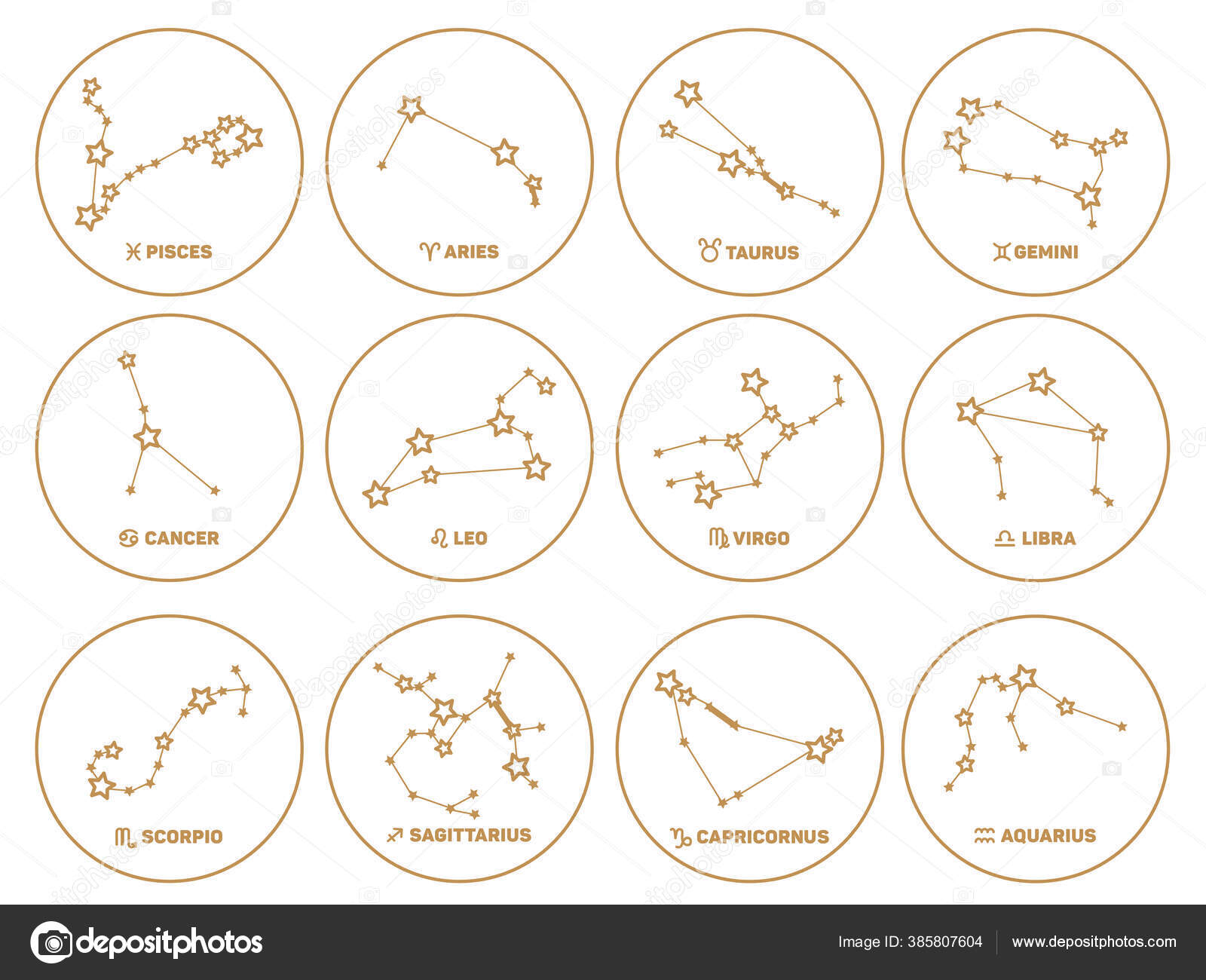 Vector Set Zodiac Signs Stars Constellations Golden Color White ...
