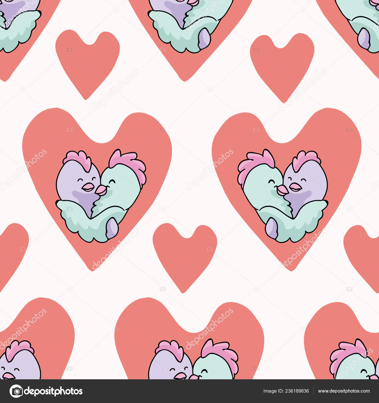 Vector Chick Hug Hearts Seamless Repeat Pattern Hand Drawn Chickens ...