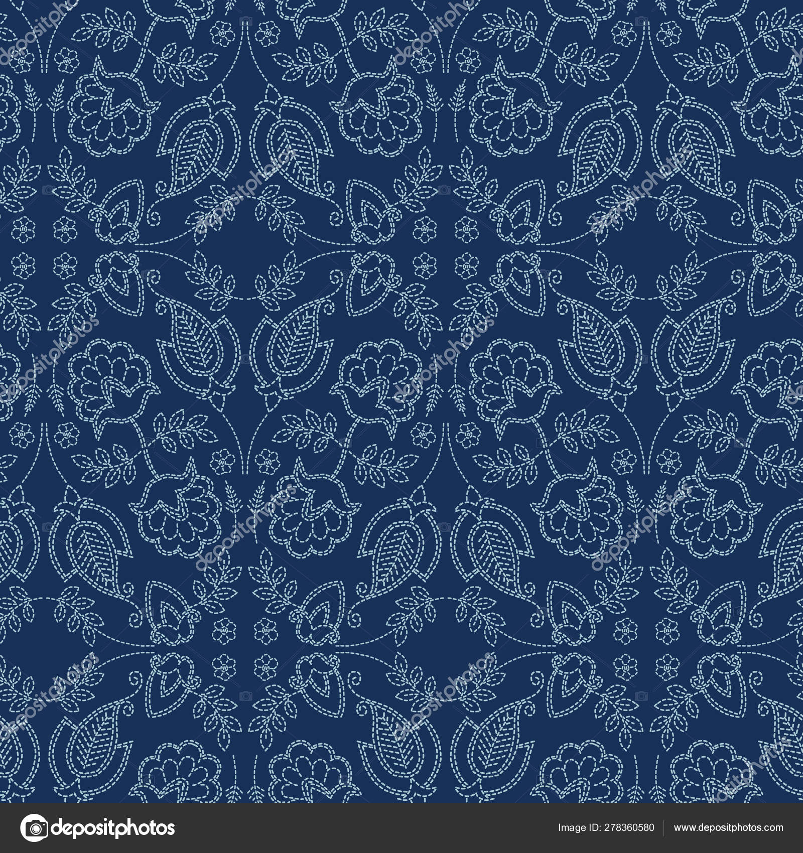 Floral leaf damask motif sashiko style. Japanese needlework seamless ...