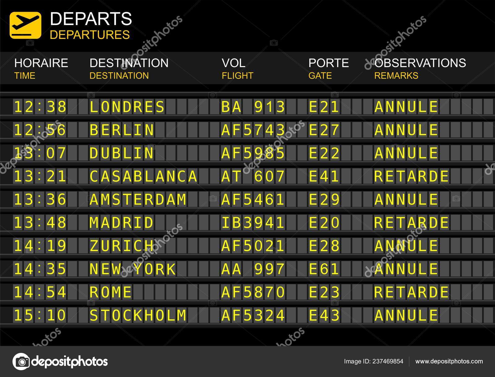 Flight Departures Board Illustration Cancelled Delayed Flights French ...