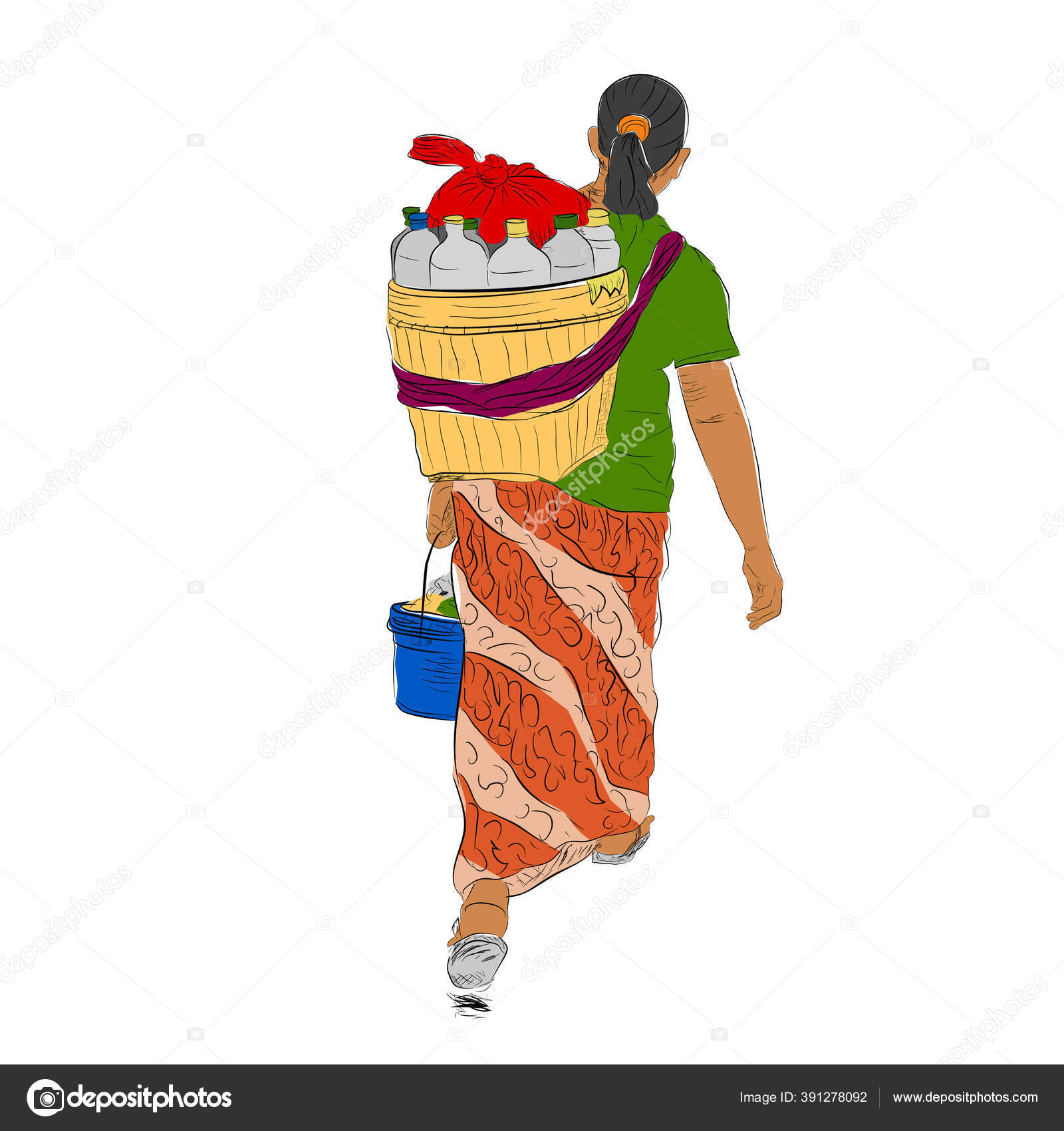 Vector Sketch Flat Color Walking Jamu Seller Woman Indonesia ...