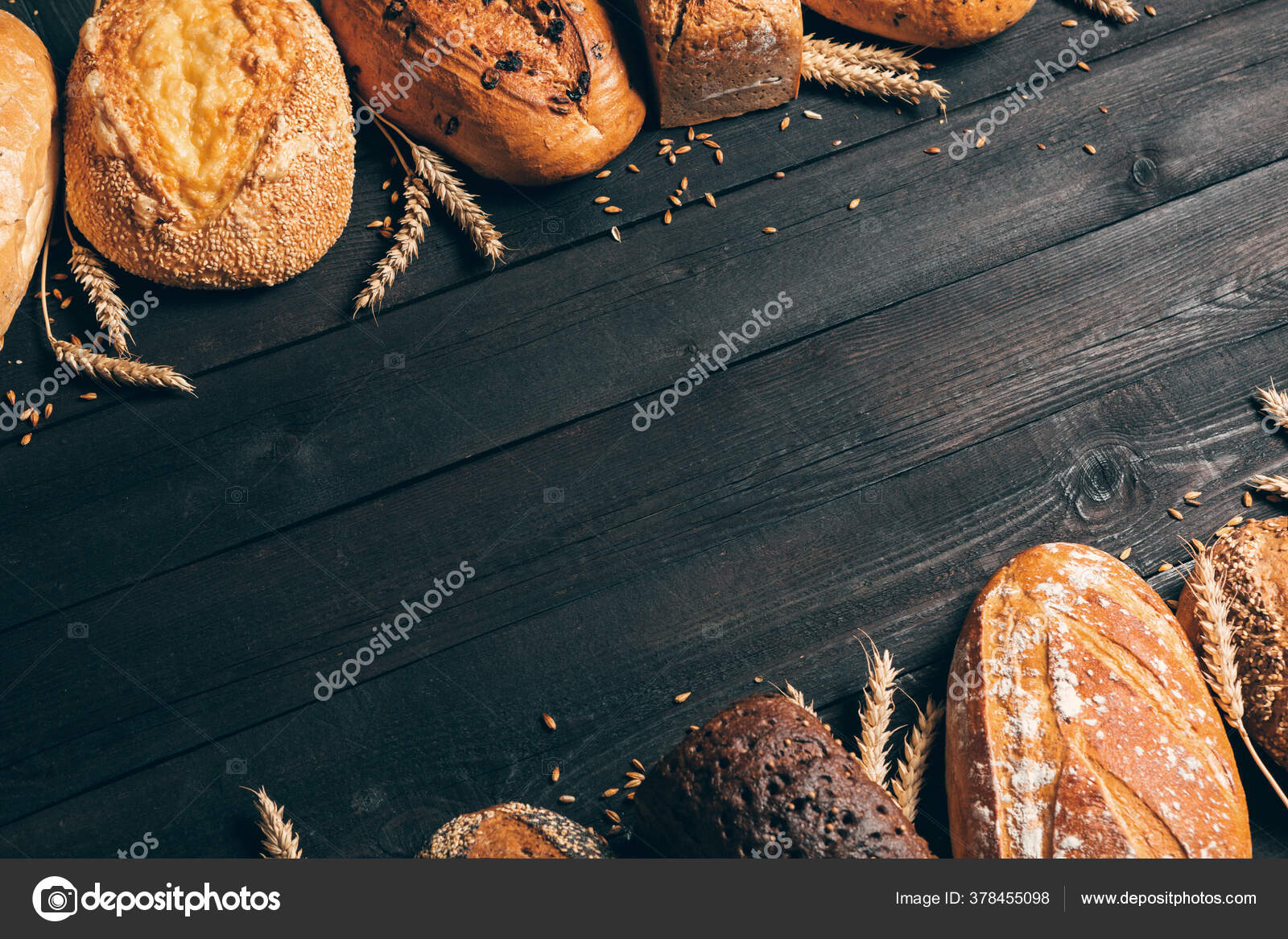 Bread border on wood background with copy space.Different types of ...