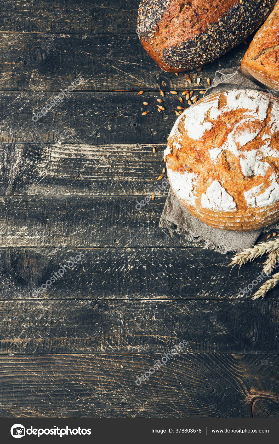 Bread border on wood background with copy space. Different kinds of ...