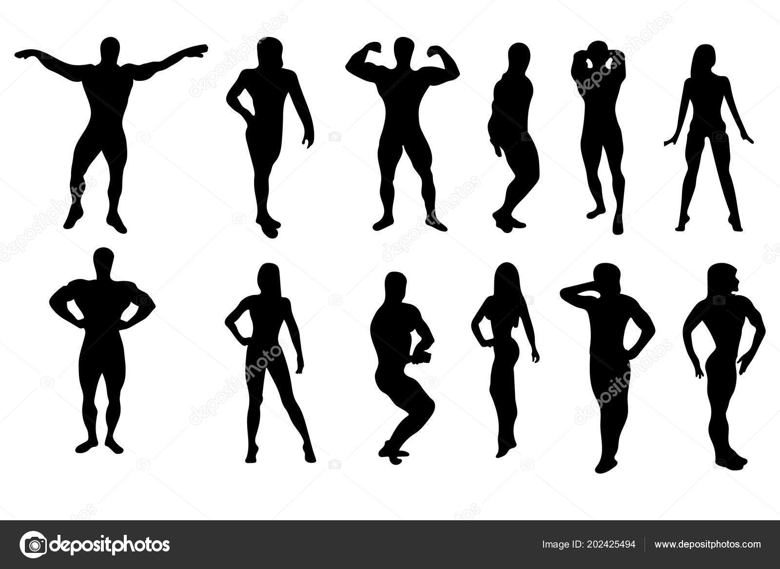 Set Bodybuilders Vector Silhouettes Posing Men Women Muscular People ...