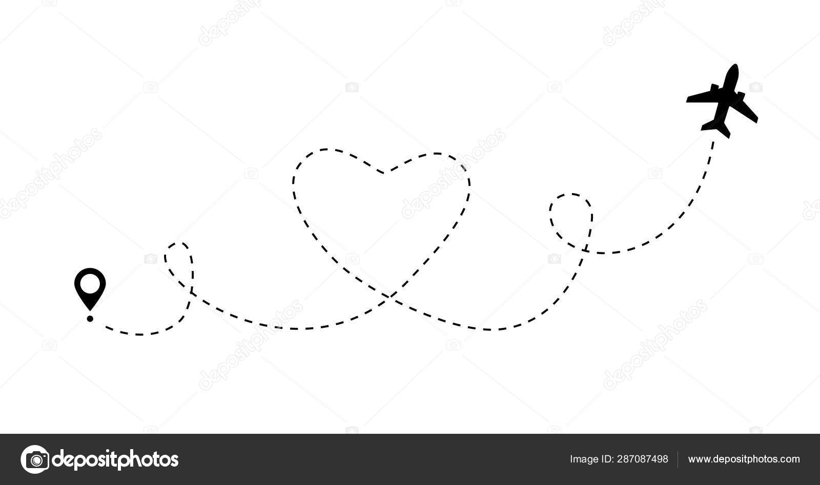 Love travel airplane route. Romantic line heart dashed trace and plane ...