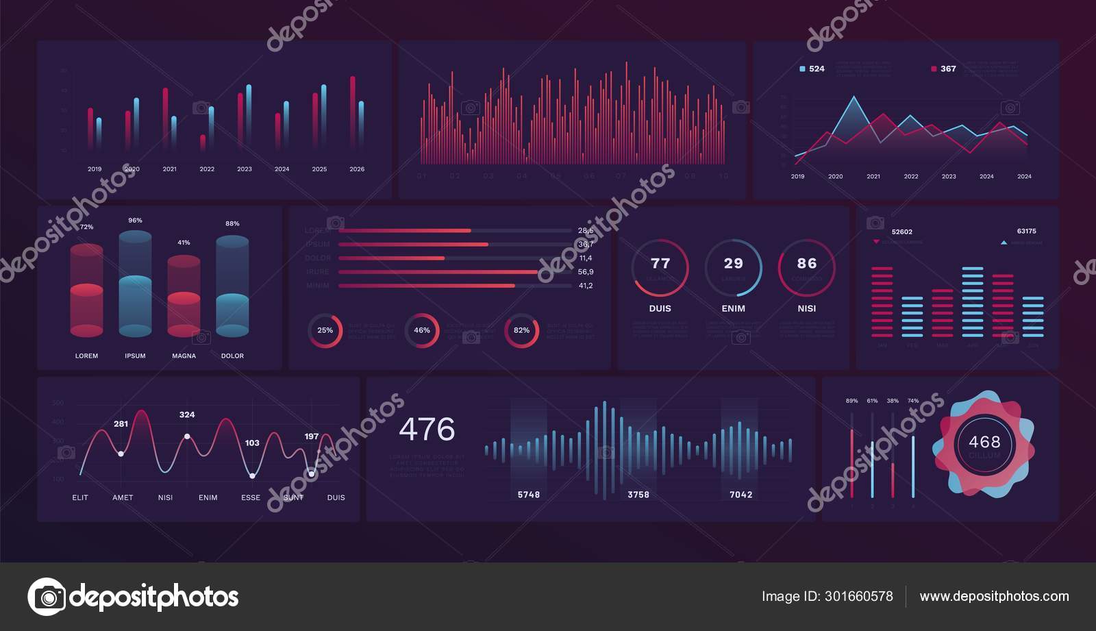 Infographic dashboard ui interface template. Modern admin panel data screen with graphs, chart ...