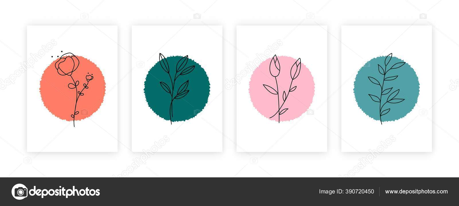 Simple flower sprig posters. Hand drawn floral art card set isolated on ...