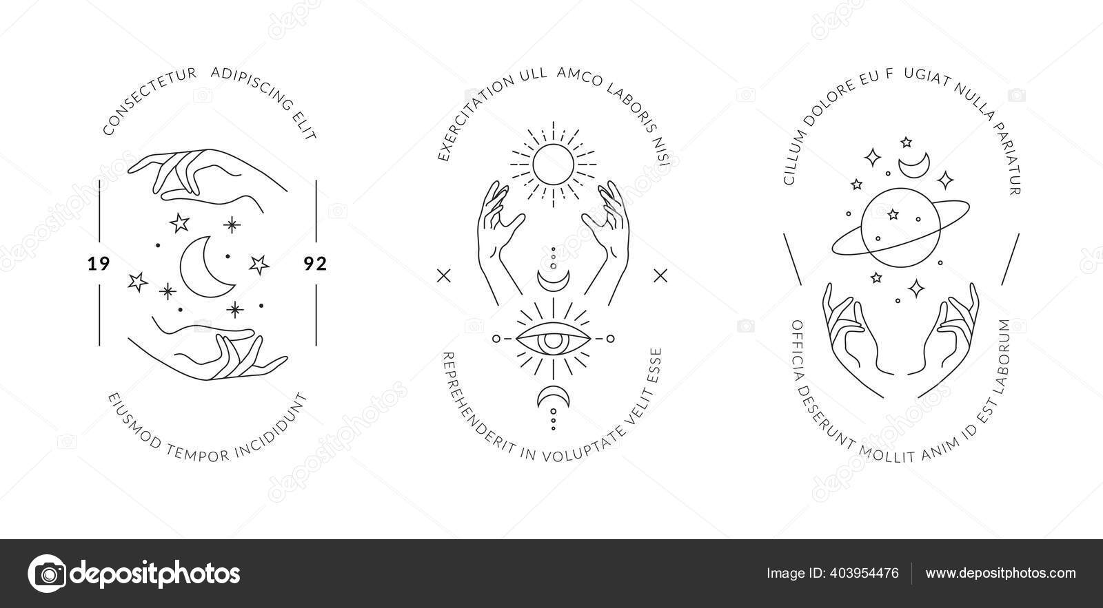 Boho hand drawn magic logos. Minimal bohemian mystic icons linear style ...