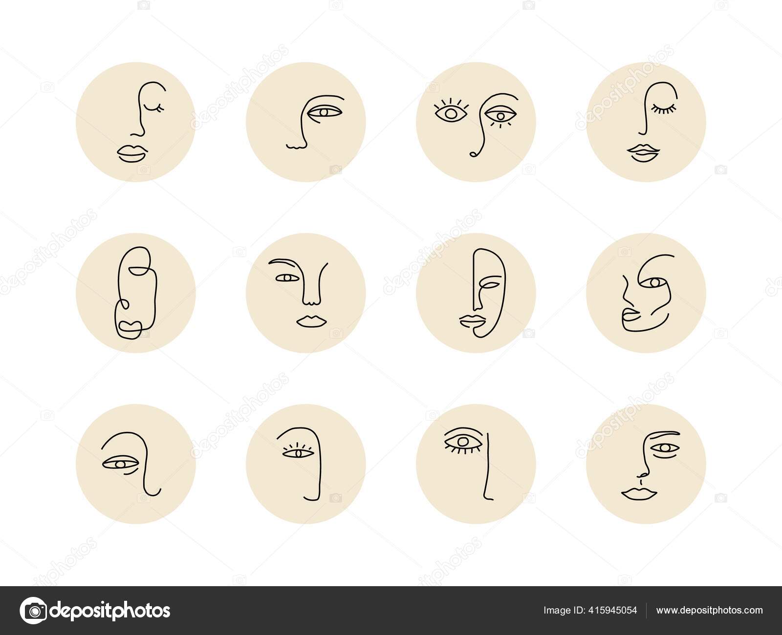 Abstract one line face set. Social media highlight stories with people ...