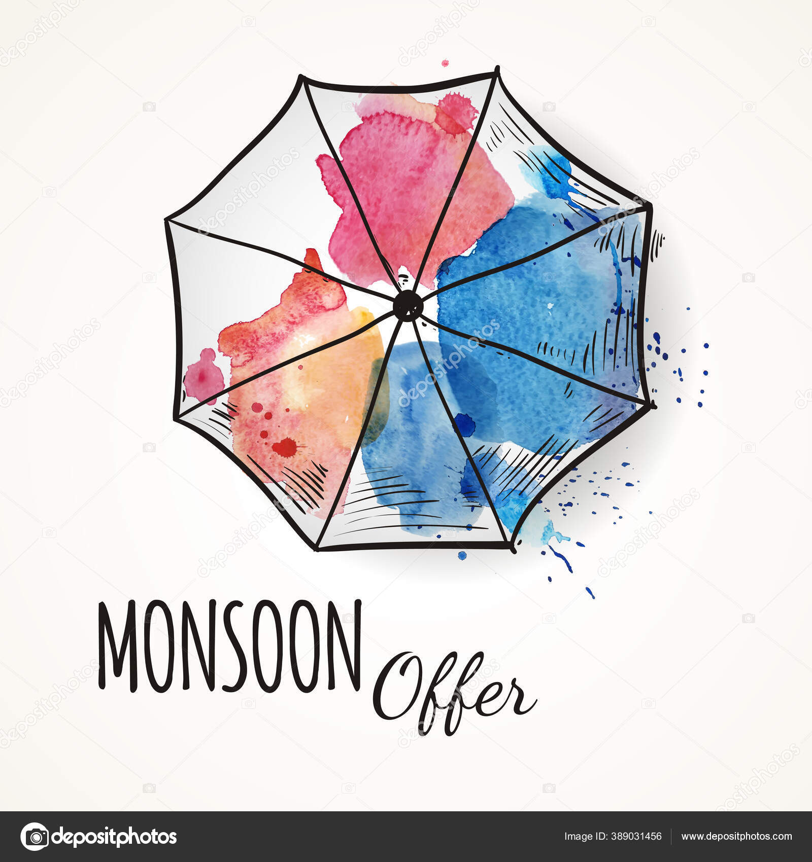 Monsoon Sale Design Colorful Hand Drawn Umbrella Rain Vector ...
