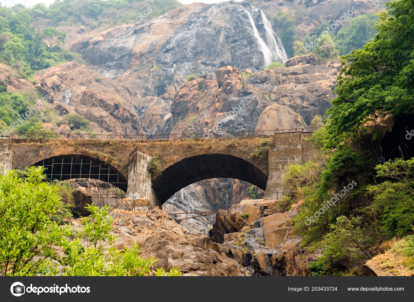 Incredible View Dudhsagar Waterfall Railway Bridge Goa India Stock ...