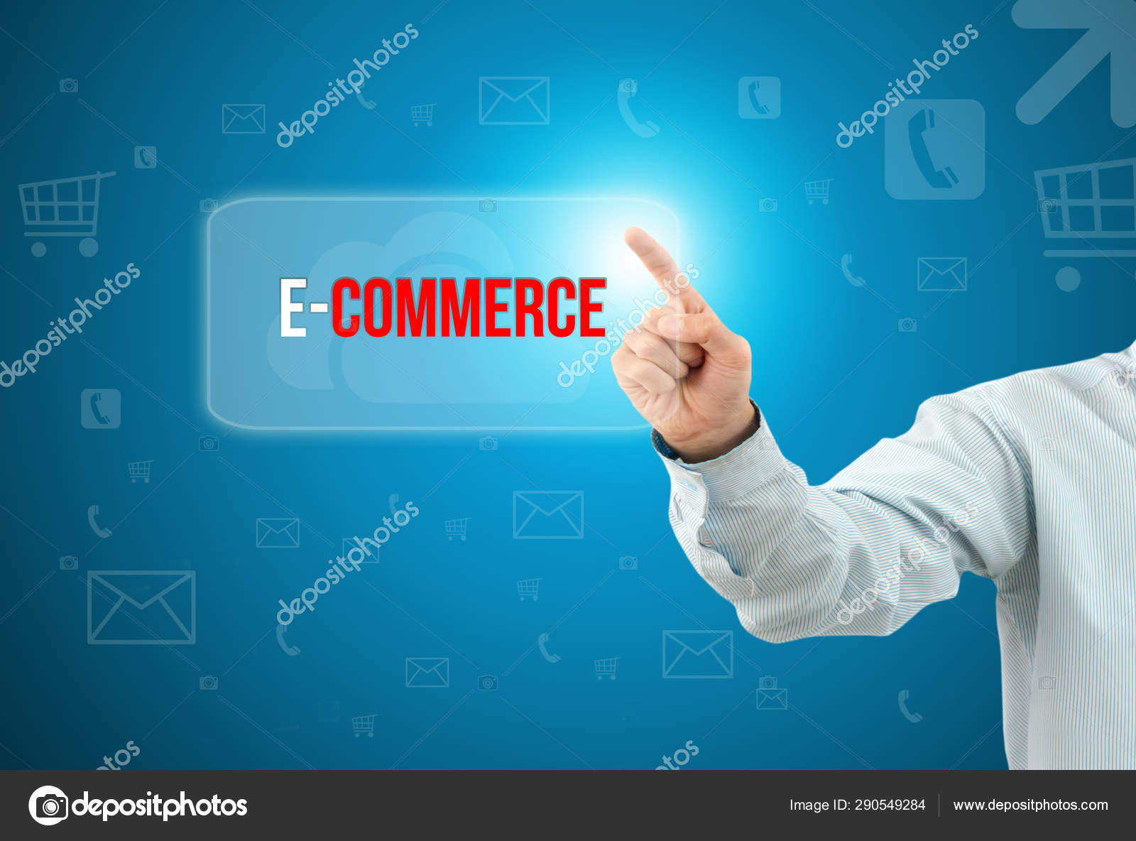 Business man touch a button on an imaginary screen with text E-C ...