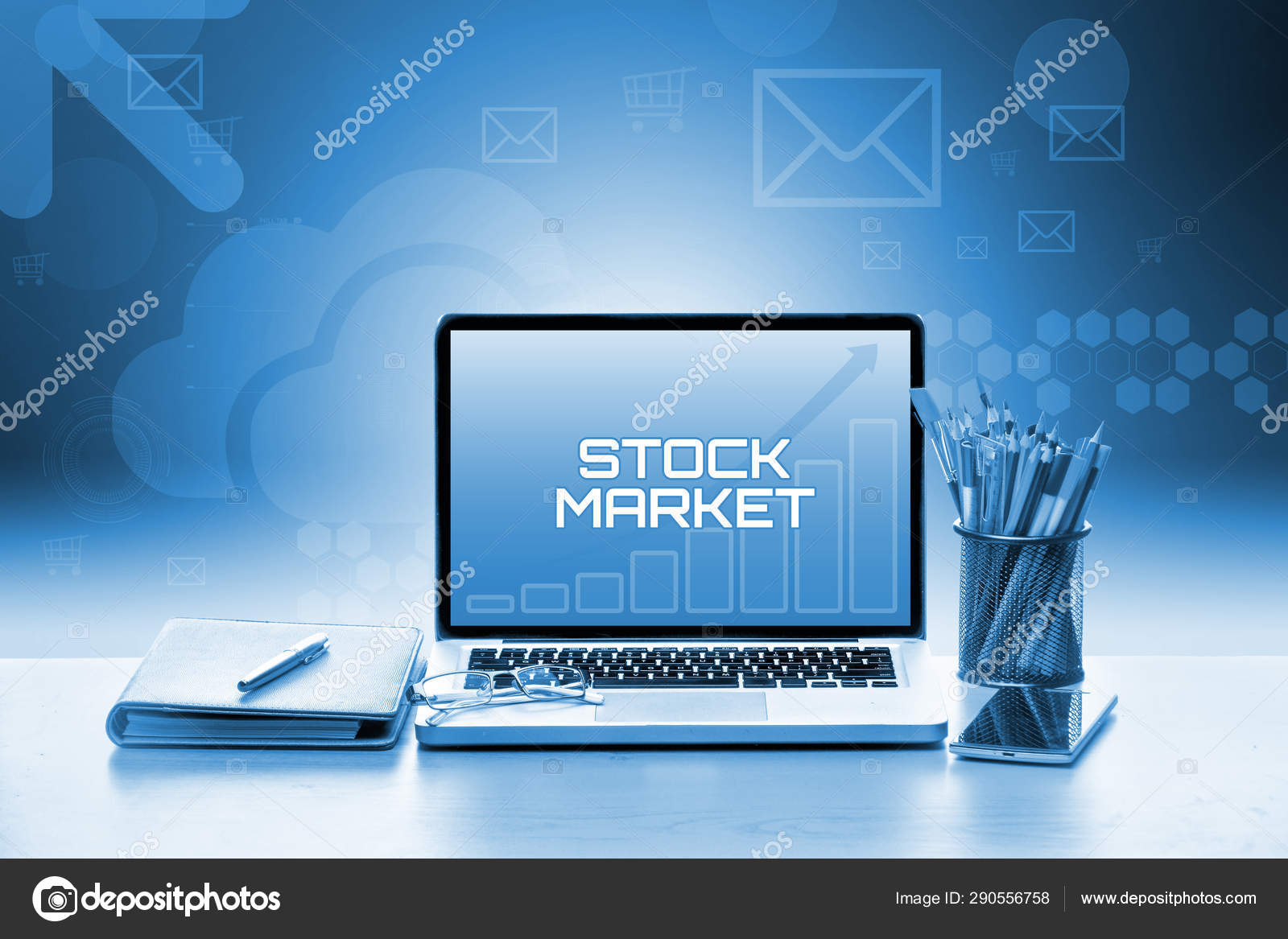 Open laptop with notebook and smartphone. Business and Technolog ...