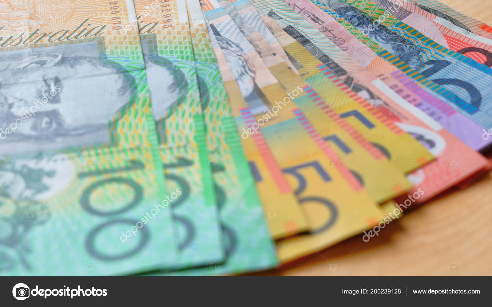Australian currency with fives, tens, twenties, fifties and one hundred ...