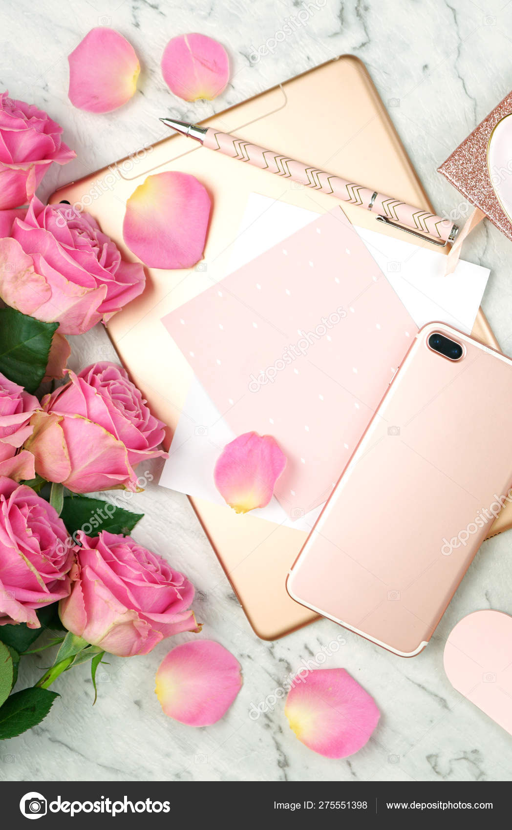 Ultra feminine pink desk workspace with rose gold accessories flatlay ...